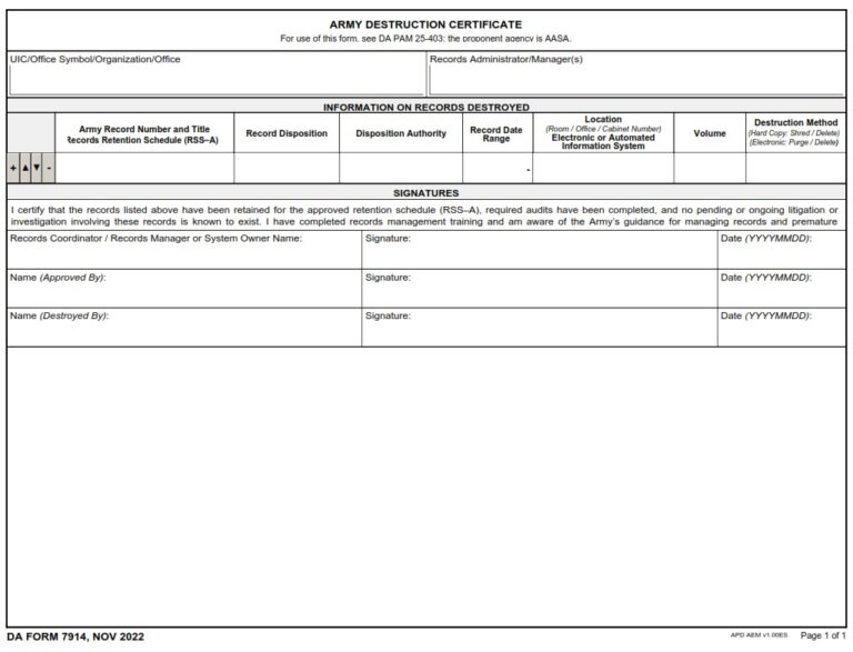 DA FORM 7914 – Army Destruction Certificate | Army Pubs DA Form