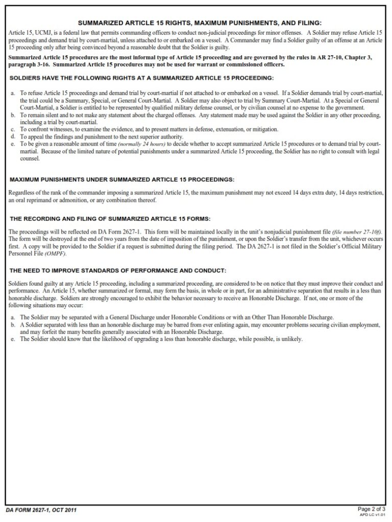 DA FORM 2627-1 – Summarized Record Of Proceedings Under Article 15 ...