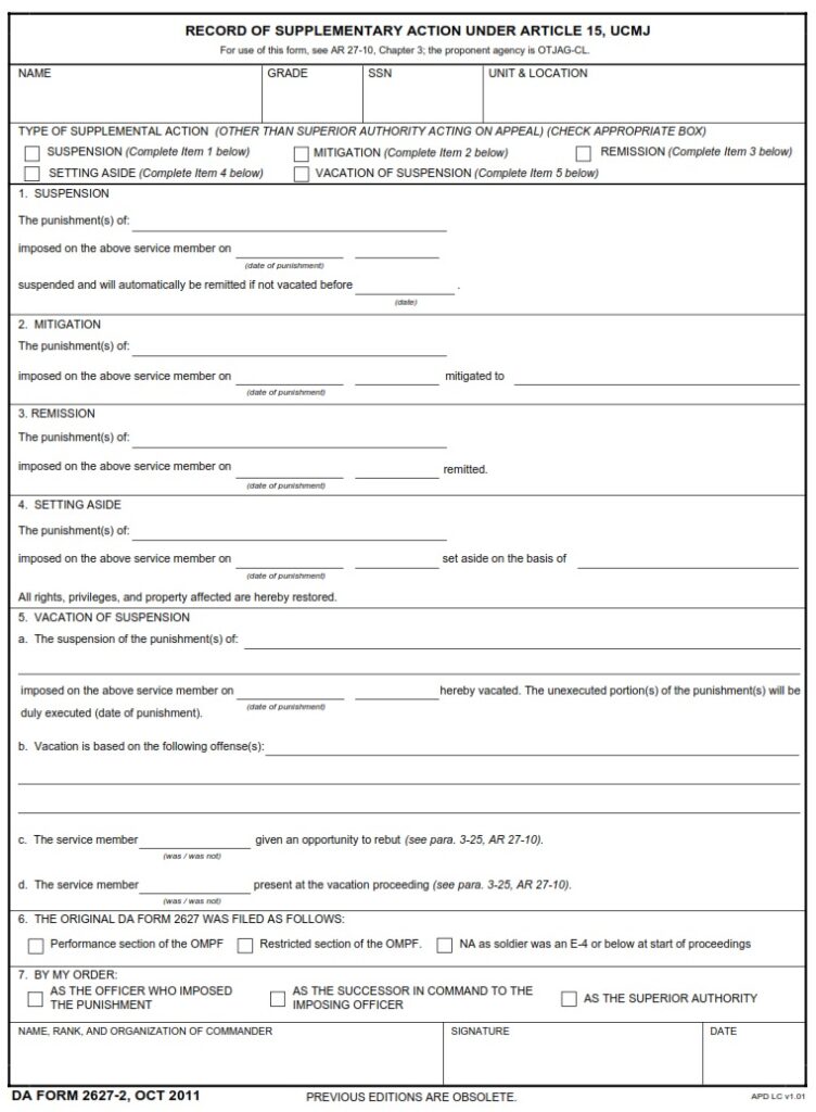 DA FORM 2627-2 – Record Of Supplementary Action Under Article 15, UCMJ ...
