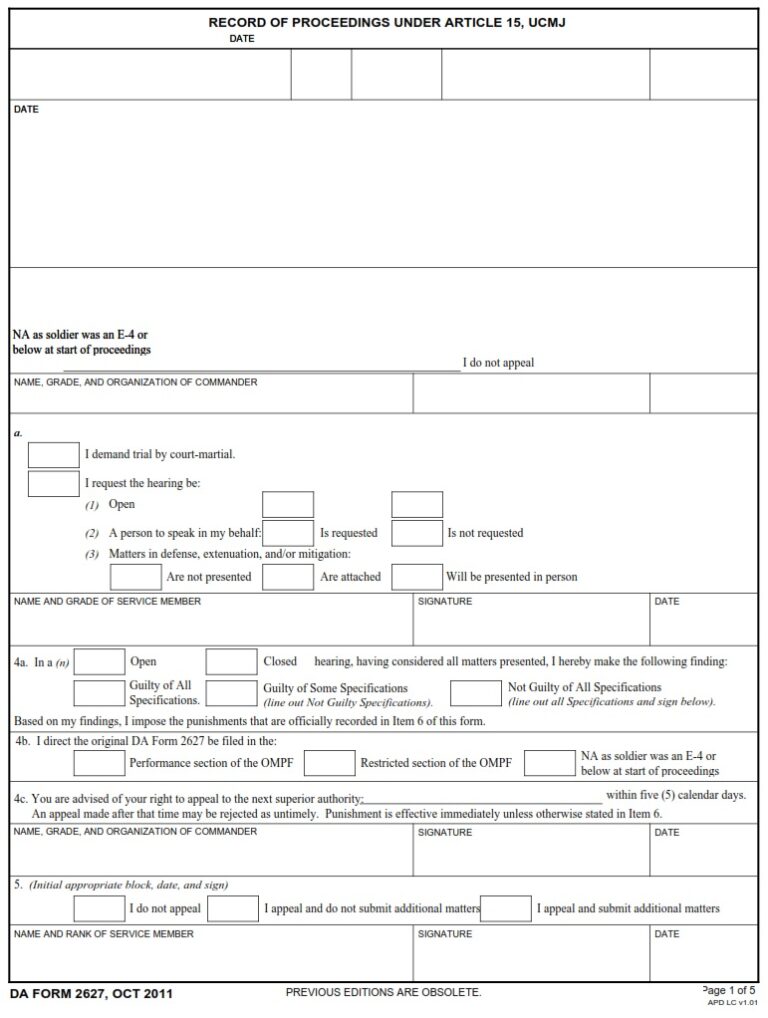 DA FORM 2627 – Record Of Proceedings Under Article 15, UCMJ | Army Pubs ...