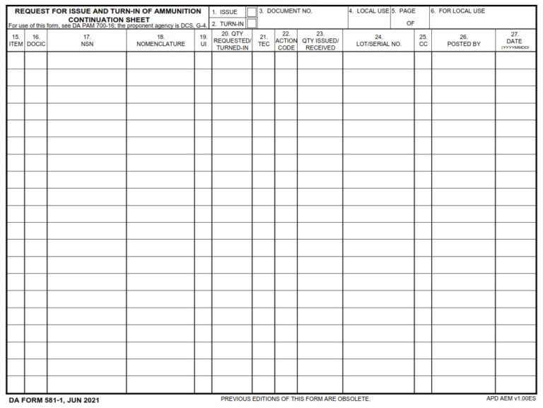 DA FORM 581-1 – Request For Issue And Turn-In Of Ammunition ...